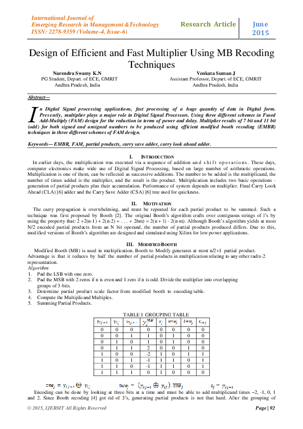 (PDF) Design of Efficient and Fast Multiplier Using MB Recoding Techniques