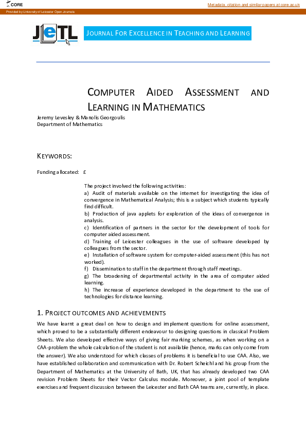 (PDF) Computer Aided Assessment and Learning in Mathematics