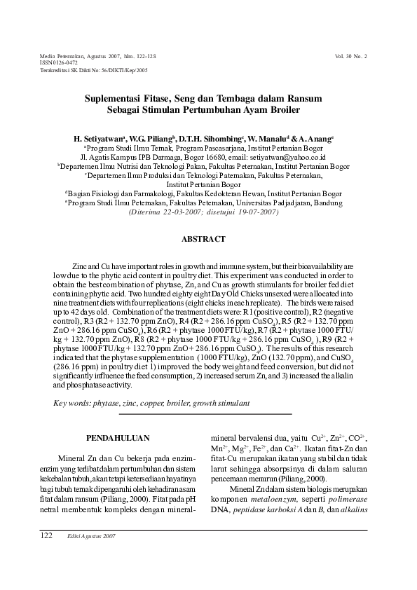 (PDF) Suplementasi Fitase, Seng dan Tembaga dalam Ransum Sebagai ...