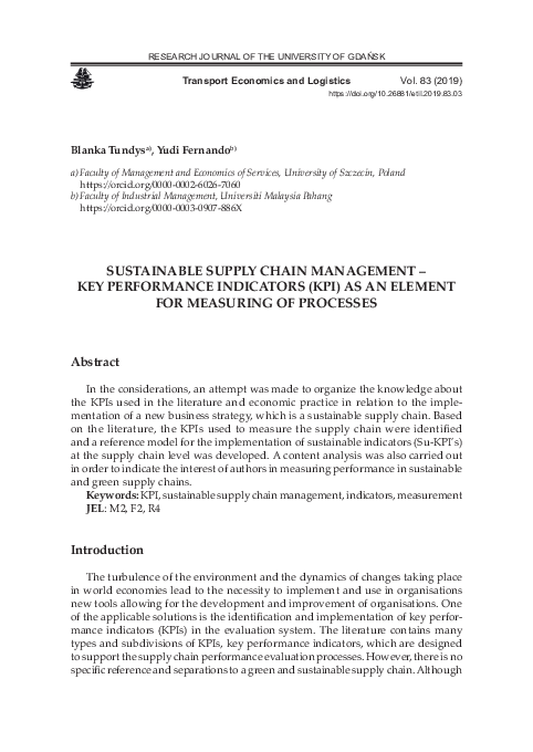 (PDF) Sustainable Supply Chain Management - Key Performance Indicators (KPI) as an Element for ...