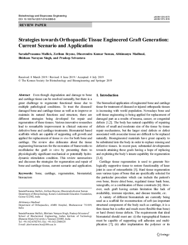 (PDF) Strategies towards Orthopaedic Tissue Engineered Graft Generation: Current Scenario and ...