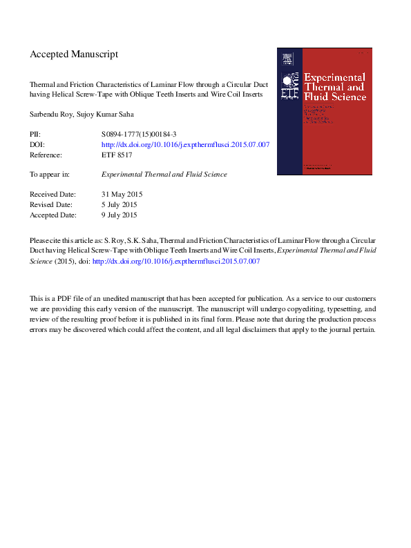 (PDF) Thermal and friction characteristics of laminar flow through a ...