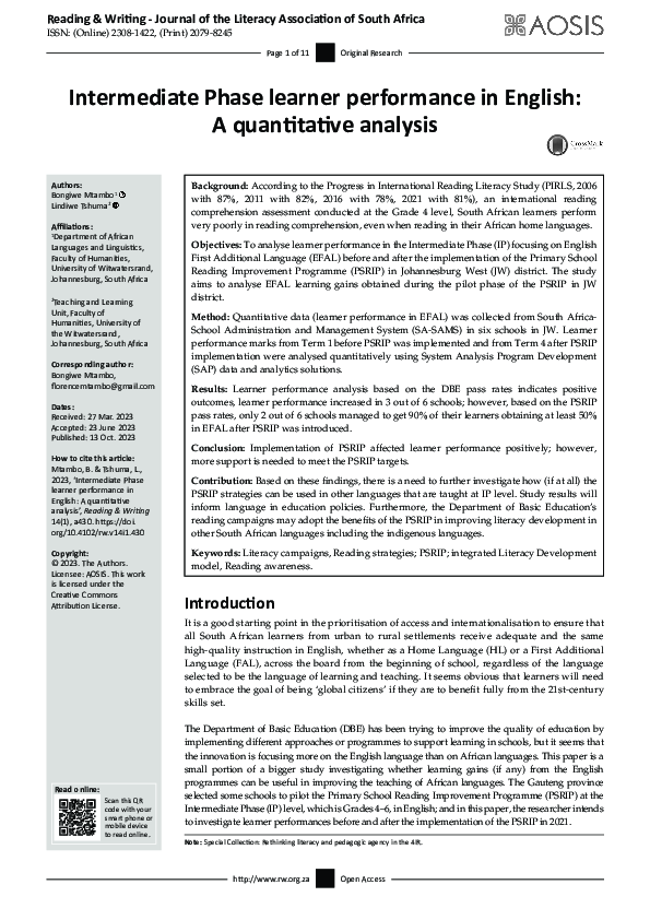 (PDF) Intermediate Phase learner performance in English: A quantitative ...