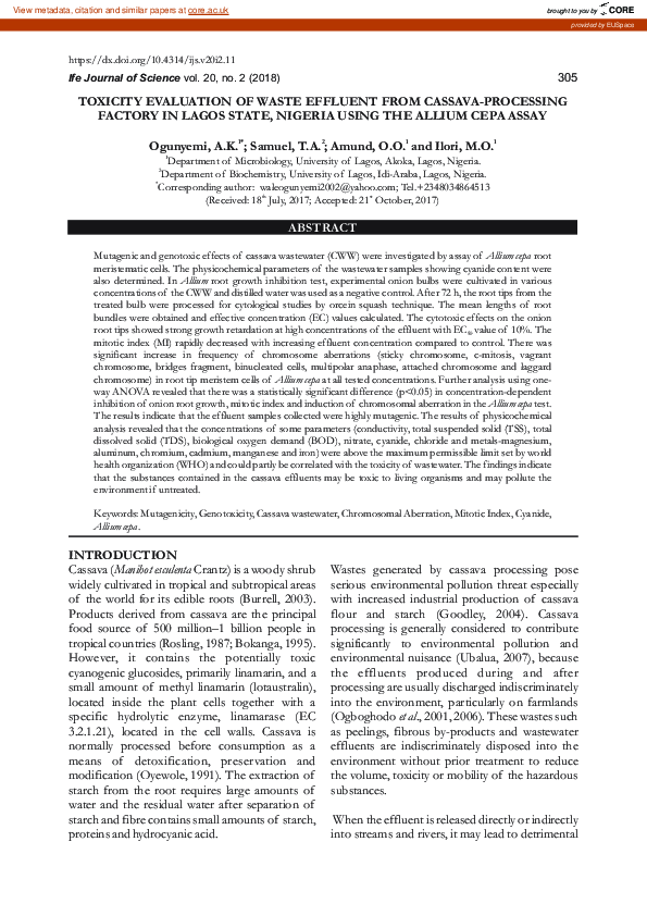 (PDF) Cassava Wastewater Toxicity via Allium cepa Assay