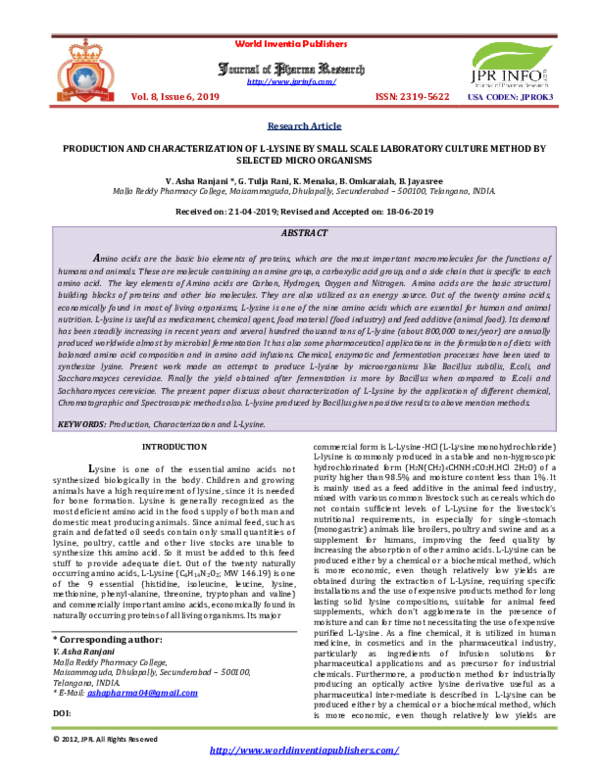 (PDF) Production and Characterization of L-Lysine by Small Scale Laboratory Culture Method by ...