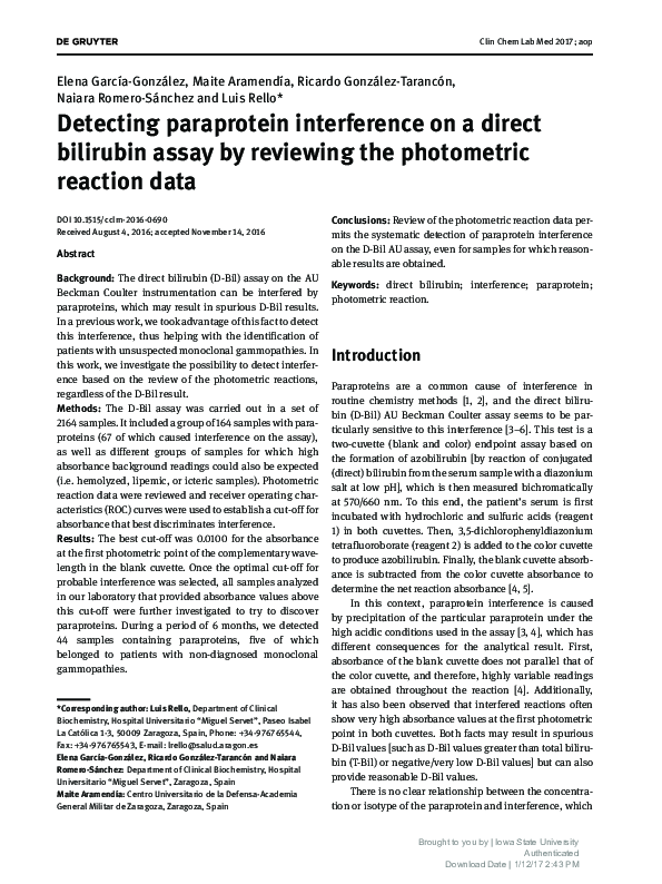 (PDF) Detecting paraprotein interference on a direct bilirubin assay by ...