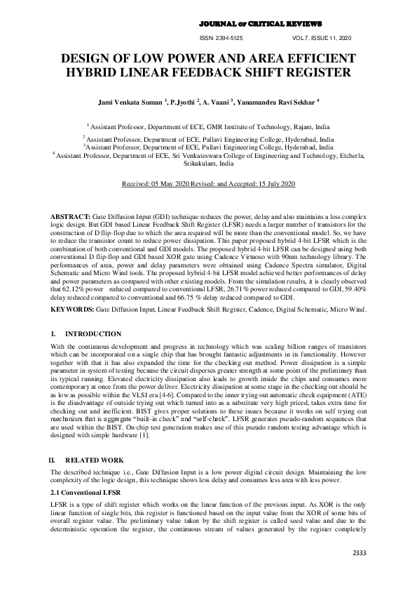 (PDF) DESIGN OF LOW POWER AND AREA EFFICIENT HYBRID LINEAR FEEDBACK SHIFT REGISTER
