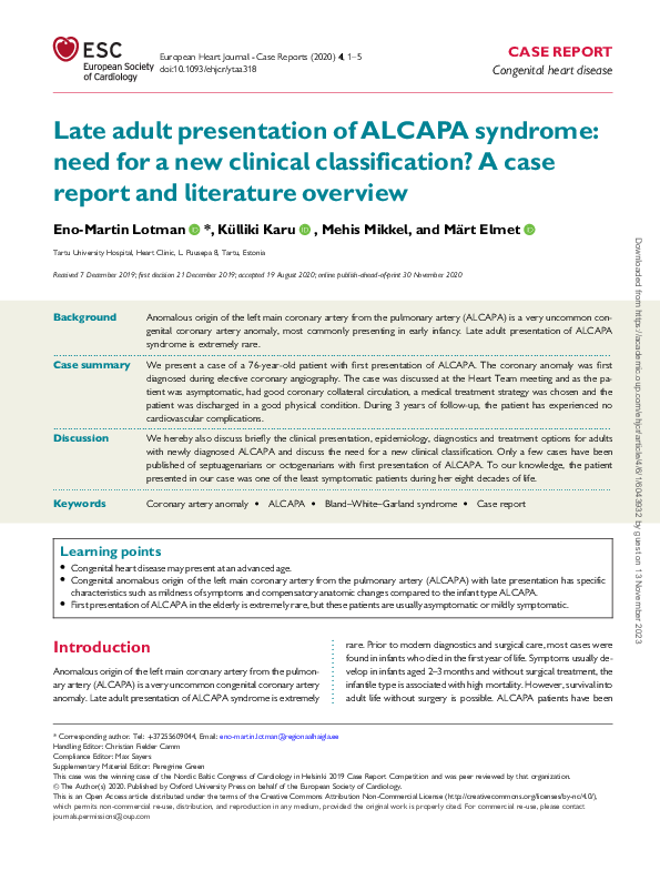 (PDF) Late adult presentation of ALCAPA syndrome: need for a new ...