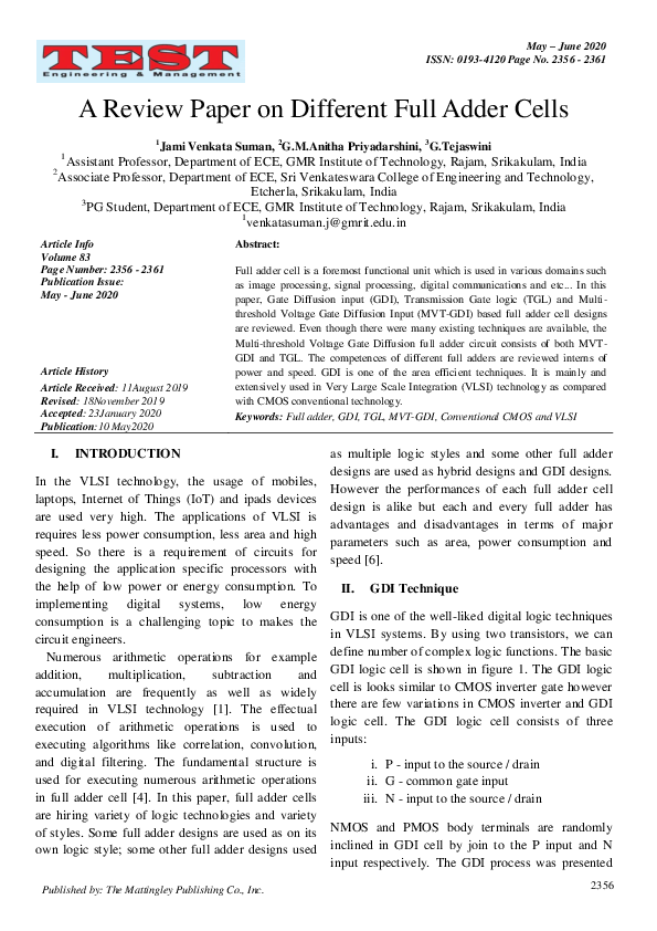 (PDF) A Review Paper on Different Full Adder Cells