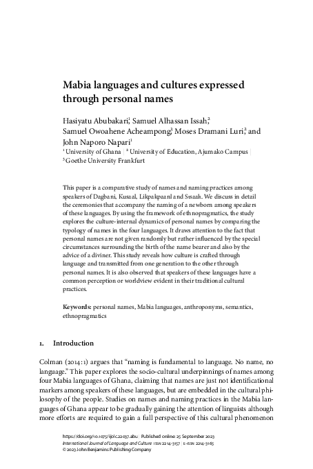 (PDF) Mabia languages and cultures expressed through personal names