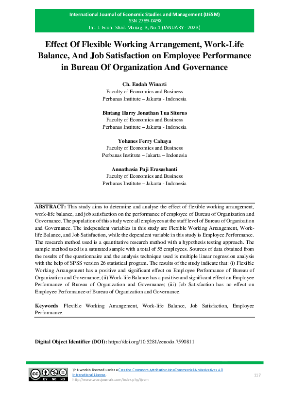 (PDF) Effect Of Flexible Working Arrangement, Work-Life Balance, And Job Satisfaction on ...