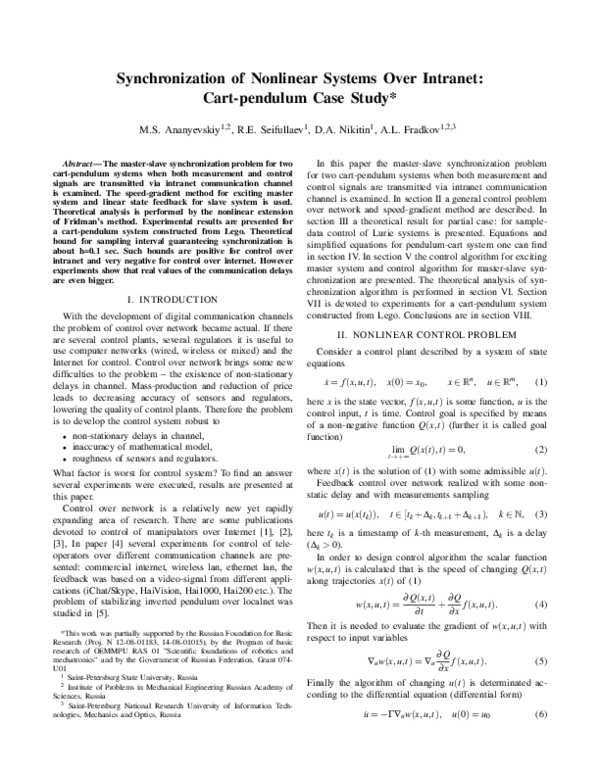 (PDF) Synchronization of nonlinear systems over intranet: Cart-pendulum case study
