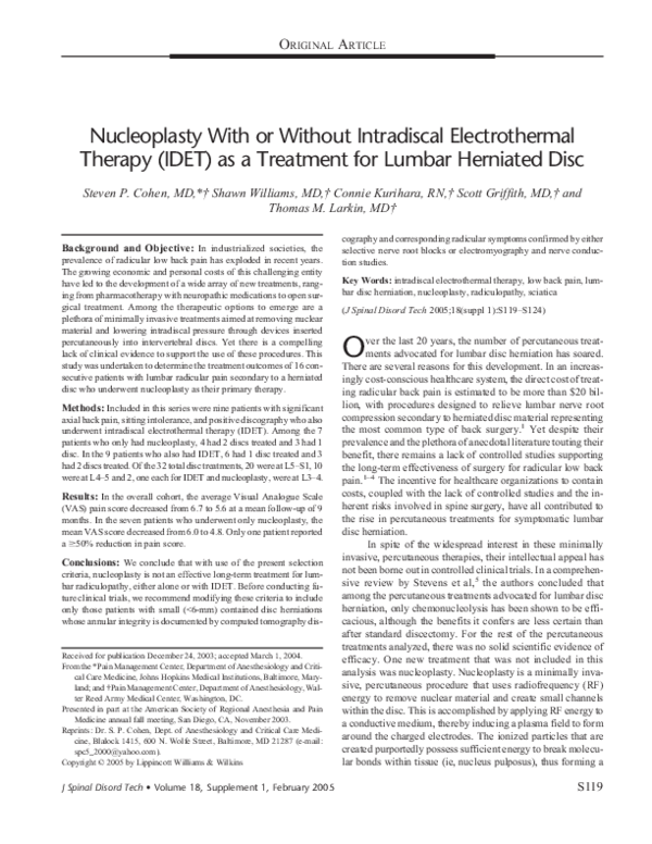 (PDF) Nucleoplasty With or Without Intradiscal Electrothermal Therapy ...