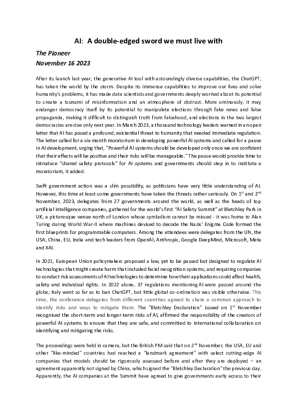 (PDF) AI: A double-edged sword we must live with