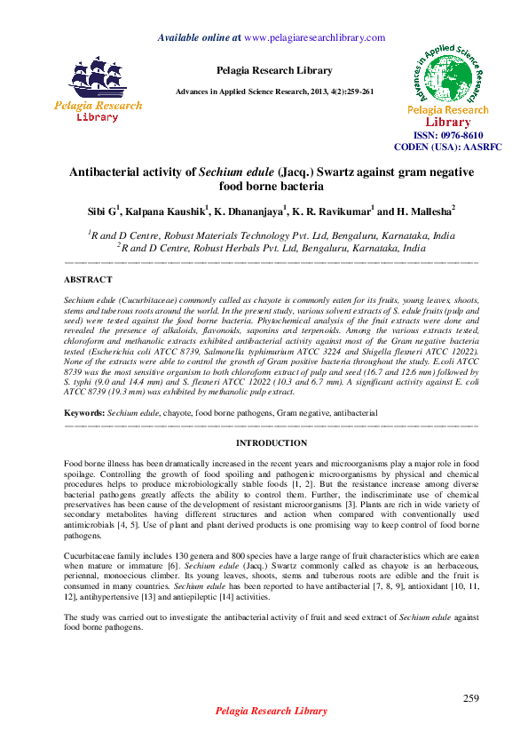 (PDF) Antibacterial activity of Sechium edule (Jacq.) Swartz against gram negativefood borne ...