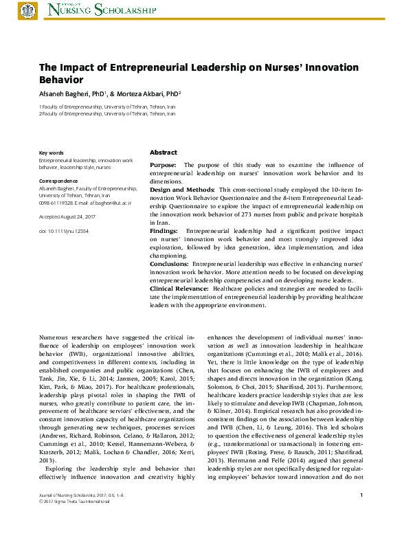 (PDF) The Impact of Entrepreneurial Leadership on Nurses’ Innovation Behavior