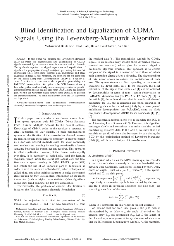 (PDF) Blind Identification and Equalization of CDMA Signals Using the Levenvberg-Marquardt Algorithm