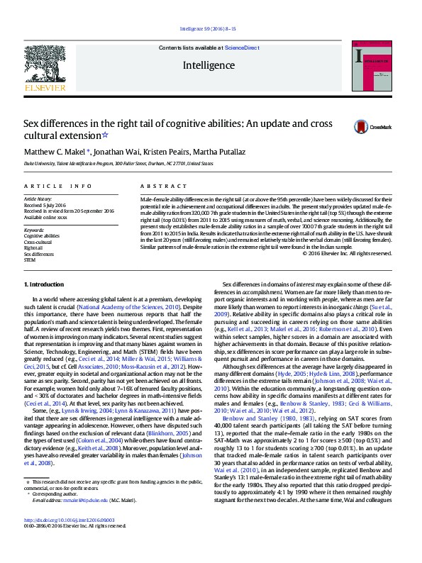 Pdf Sex Differences In The Right Tail Of Cognitive Abilities An