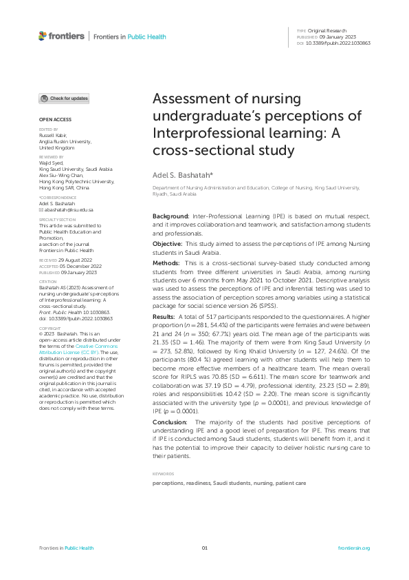 (PDF) Assessment of nursing undergraduate's perceptions of Interprofessional learning: A cross ...
