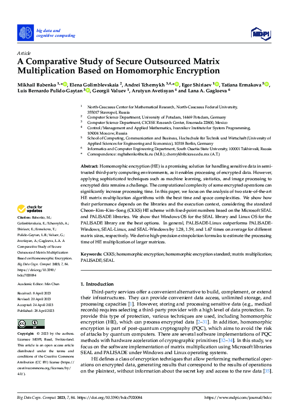 (PDF) A Comparative Study of Secure Outsourced Matrix Multiplication Based on Homomorphic Encryption