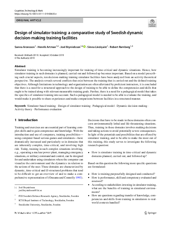 (PDF) Design of simulator training: a comparative study of Swedish ...