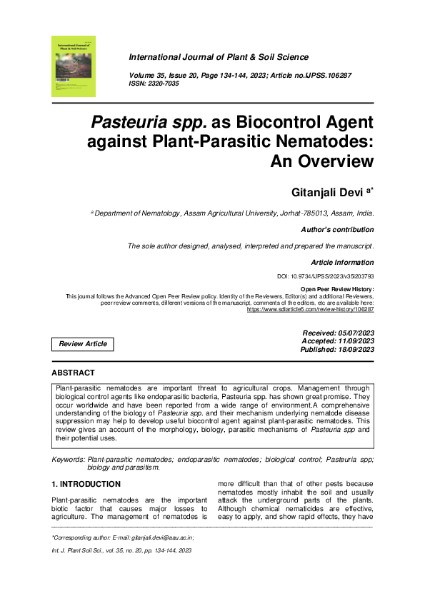(PDF) Pasteuria spp. as Biocontrol Agent against Plant-Parasitic Nematodes: An Overview
