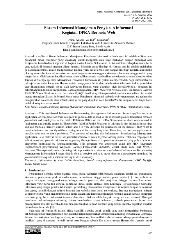 (PDF) Sistem Informasi Manajemen Penyiaran Informasi Kegiatan DPRA Berbasis Web