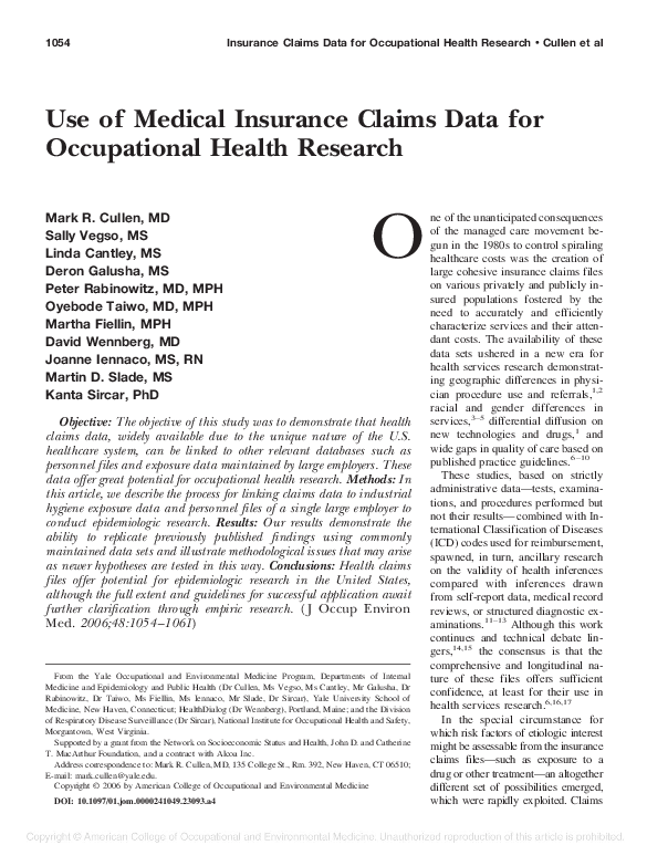(PDF) Use of Medical Insurance Claims Data for Occupational Health ...