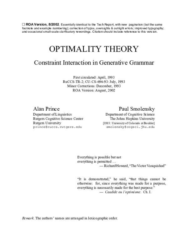 (PDF) Optimality Theory: Constraint Interaction in Generative Grammar