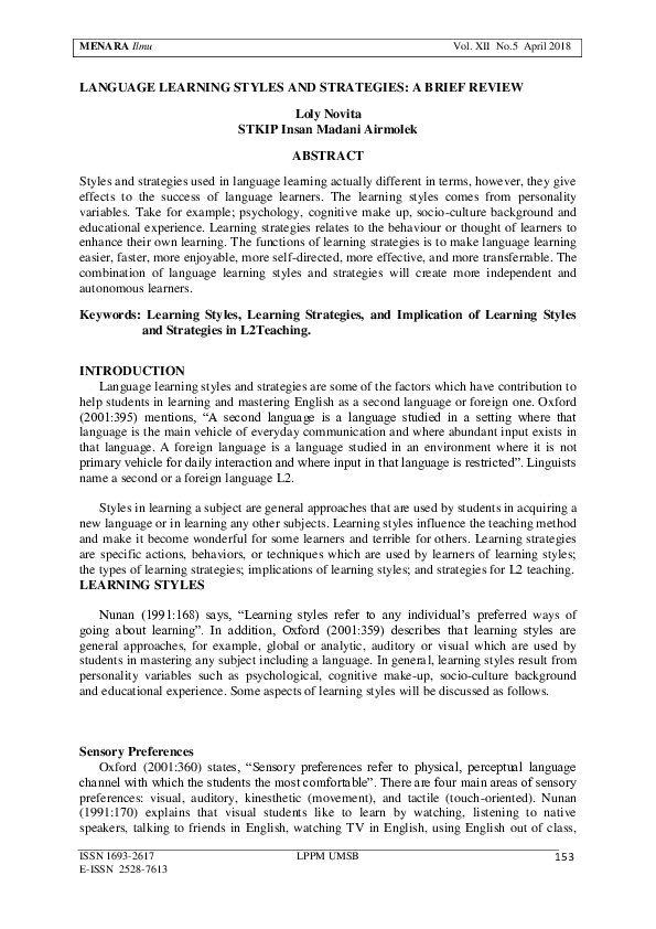 (PDF) Language Learning Styles and Strategies: A Brief Review