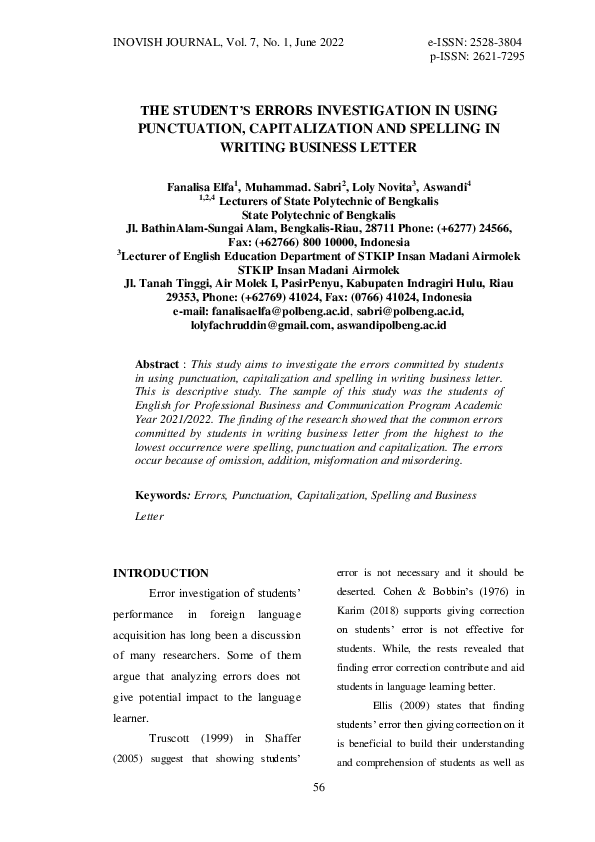 (PDF) The Student’s Errors Investigation in Using Punctuation, Capitalization and Spelling in ...