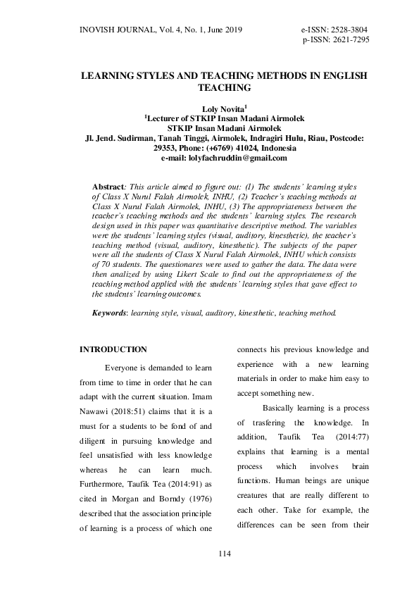 (PDF) Learning Styles and Taching Methods in English Teaching