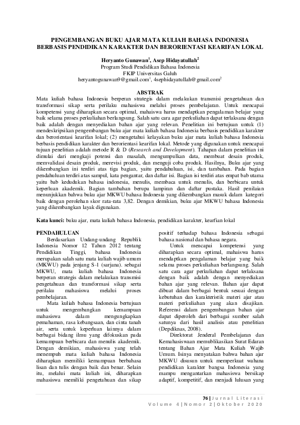 (PDF) Pengembangan Buku Ajar Mata Kuliah Bahasa Indonesia Berbasis Pendidikan Karakter Dan ...