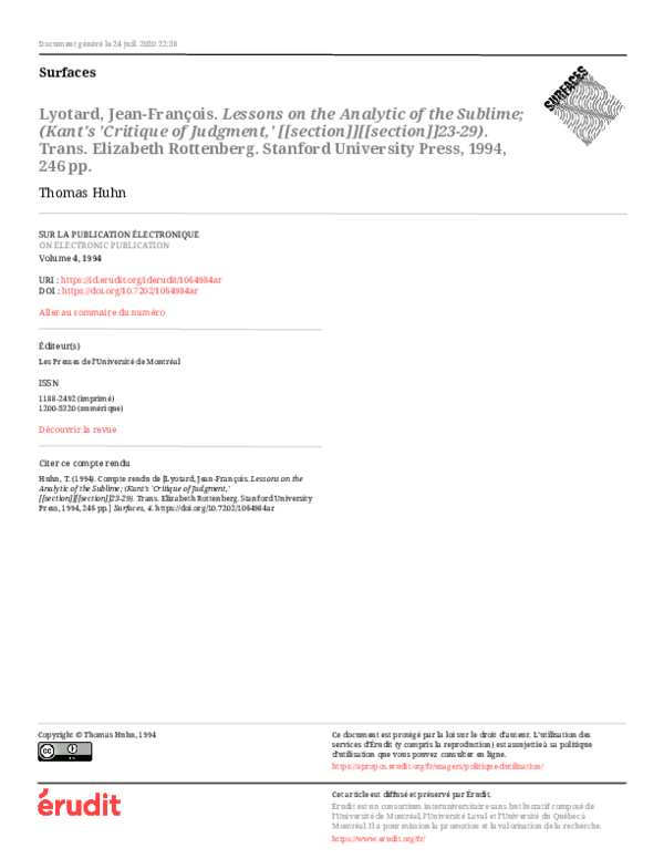 (PDF) Lyotard, Jean-François. Lessons on the Analytic of the Sublime ...