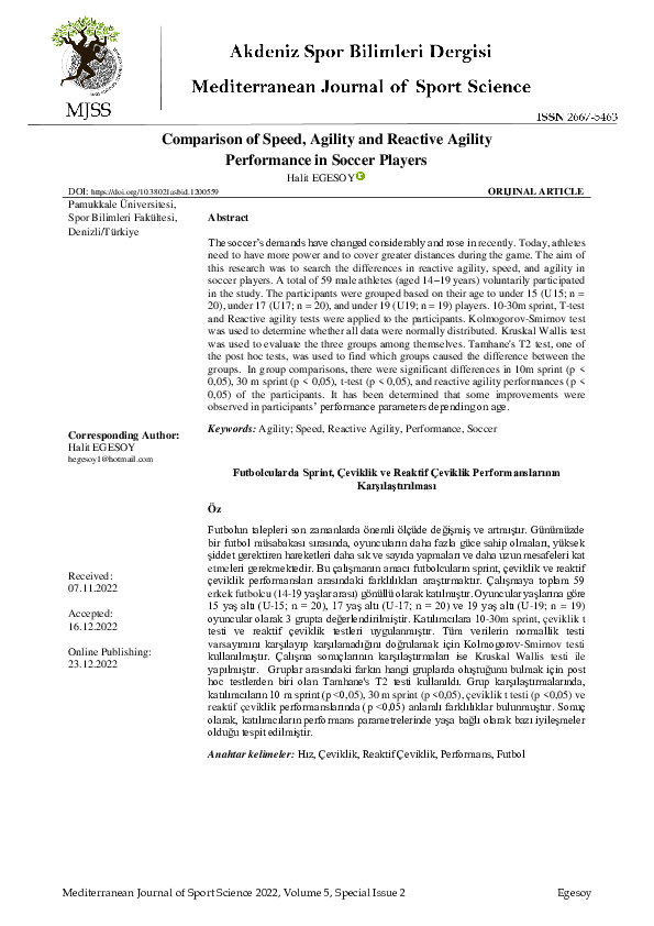 (PDF) Comparison of Speed, Agility and Reactive Agility Performance in ...