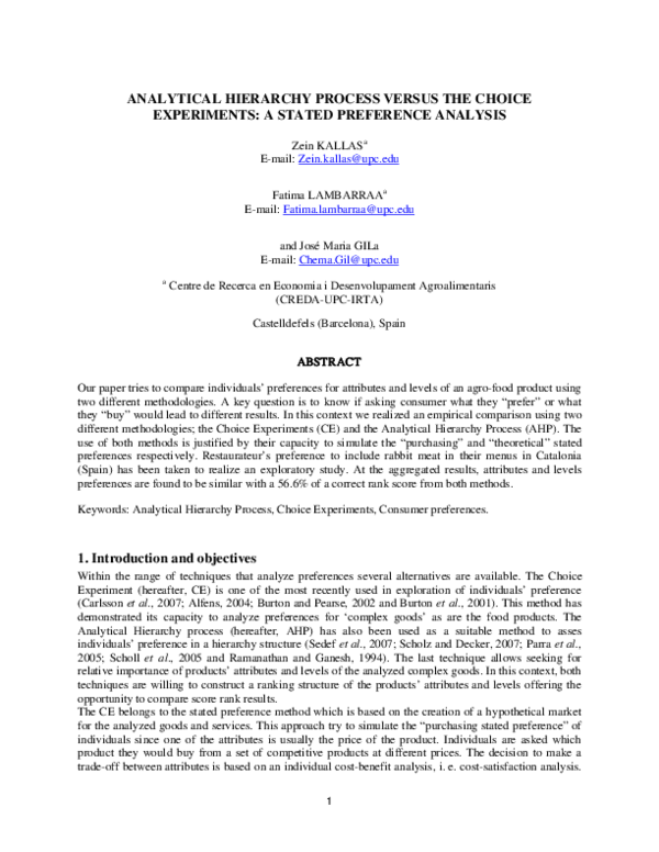 (PDF) Analytic Hierarchy Process Versus the Choice Experiments: A Stated Preference Analysis