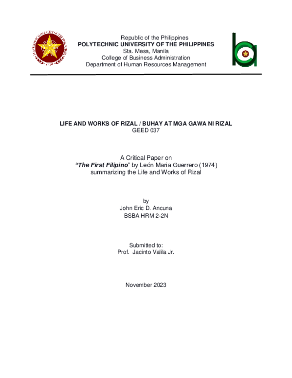 (PDF) Rizal is the First Filipino: A Critical Paper Summarizing the ...