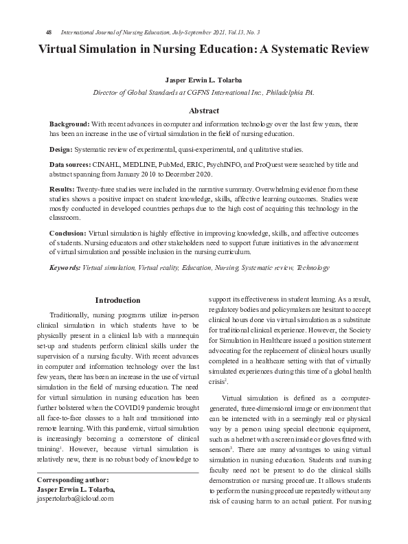 Pdf Virtual Simulation In Nursing Education A Systematic Review