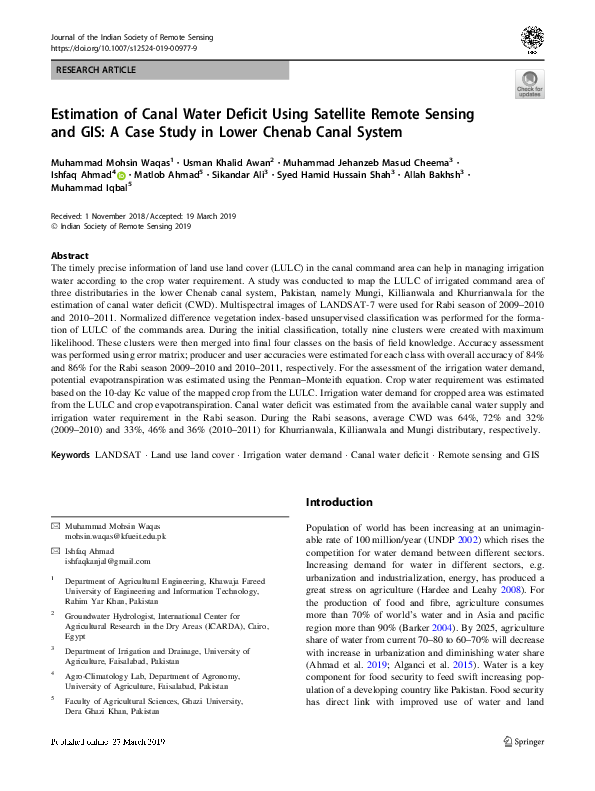(PDF) Estimation of Canal Water Deficit Using Satellite Remote Sensing ...