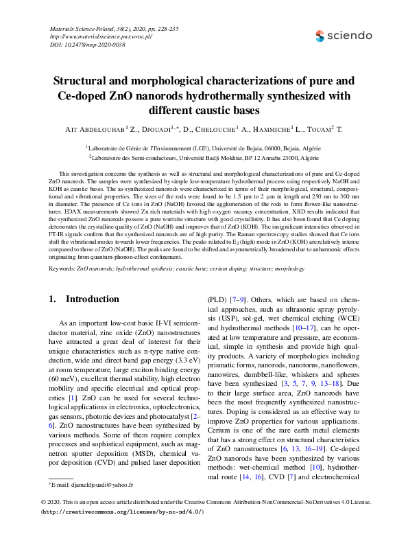 (PDF) Structural and morphological characterizations of pure and Ce-doped ZnO nanorods ...