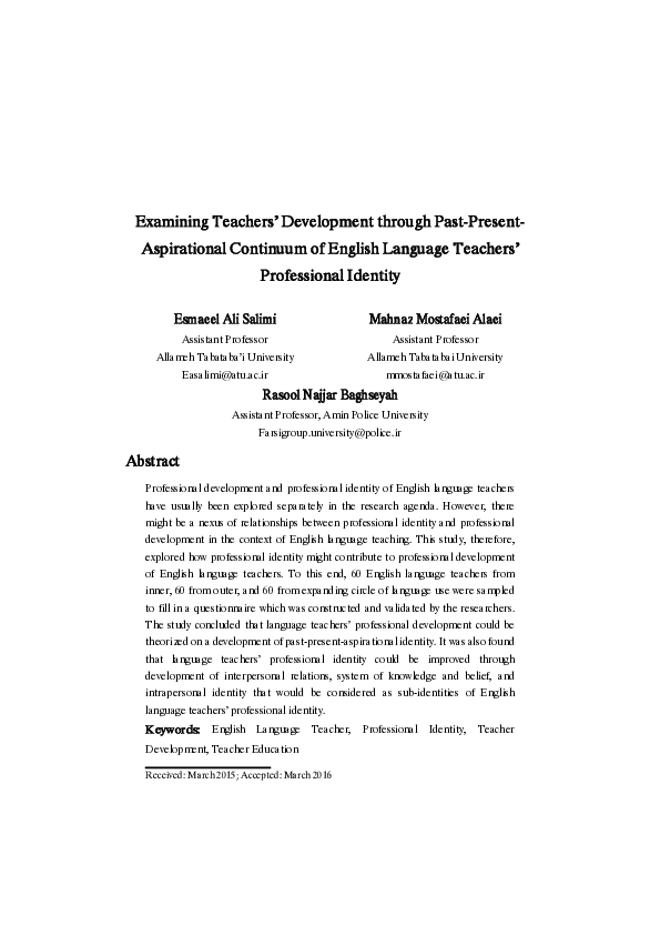 (PDF) Examining Teachers’ Development through Past-Present-Aspirational Continuum of English ...