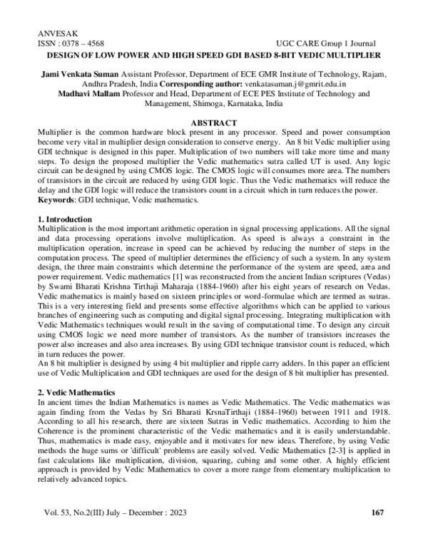 (PDF) DESIGN OF LOW POWER AND HIGH SPEED GDI BASED 8-BIT VEDIC MULTIPLIER