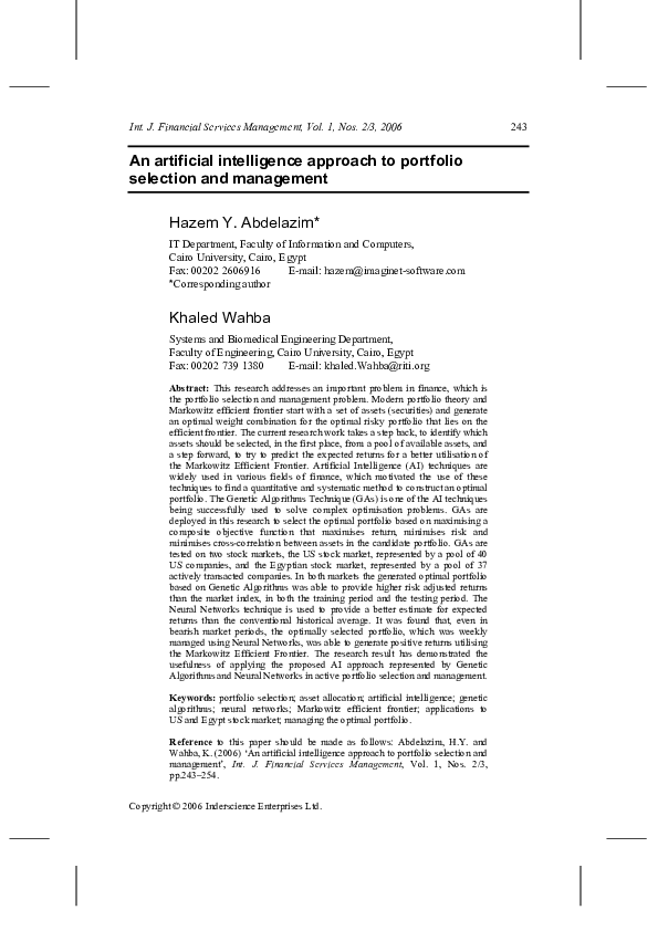 (PDF) An artificial intelligence approach to portfolio selection and management