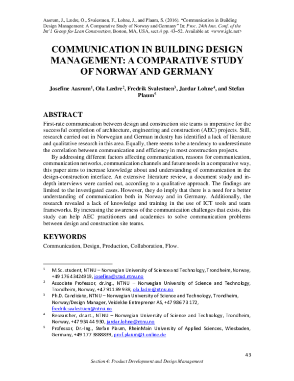 (PDF) Communication in Building Design Management - A Comparative Study of Norway and Germany