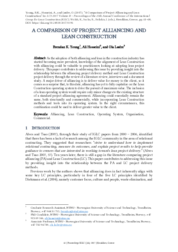 (PDF) A Comparison of Project Alliancing and Lean Construction