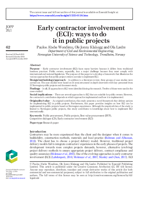 (PDF) Early contractor involvement (ECI): ways to do it in public projects