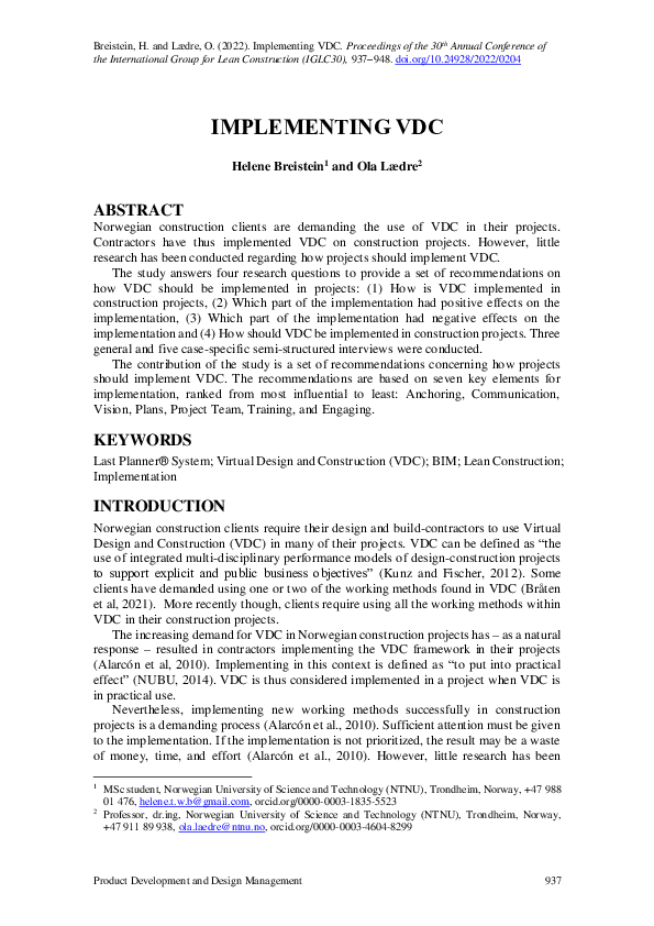 (PDF) Implementing VDC | Ola Lædre - Academia.edu