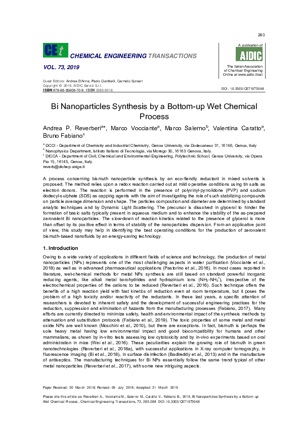 (PDF) Bi Nanoparticles Synthesis by a Bottom-up Wet Chemical Process