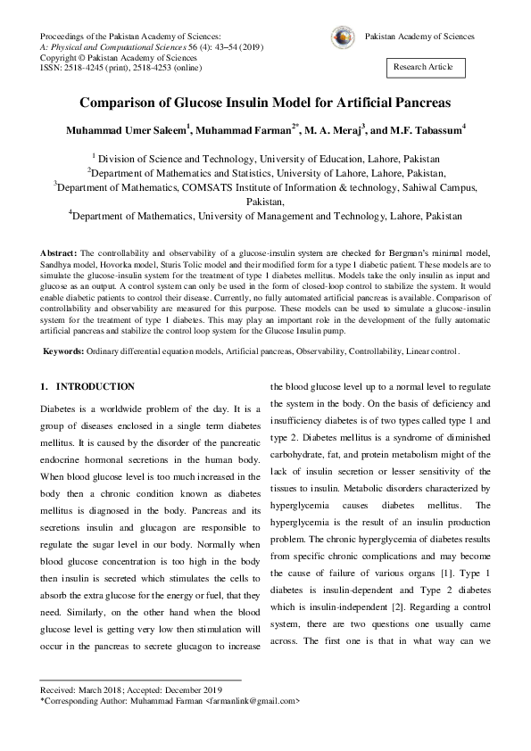 (PDF) Comparison of Glucose Insulin Model for Artificial Pancreas