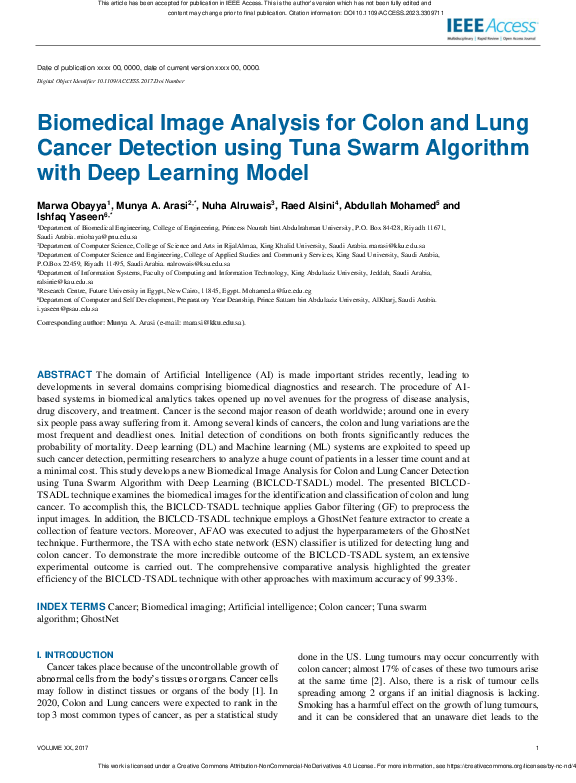 (PDF) Biomedical Image Analysis for Colon and Lung Cancer Detection using Tuna Swarm Algorithm ...